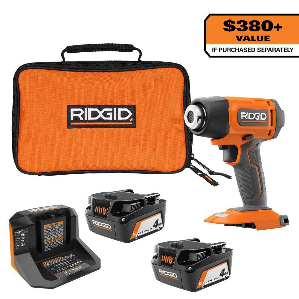 RIDGID 18V Cordless Compact Heat Gun with (2) 4.0 Ah Batteries, Charger ...