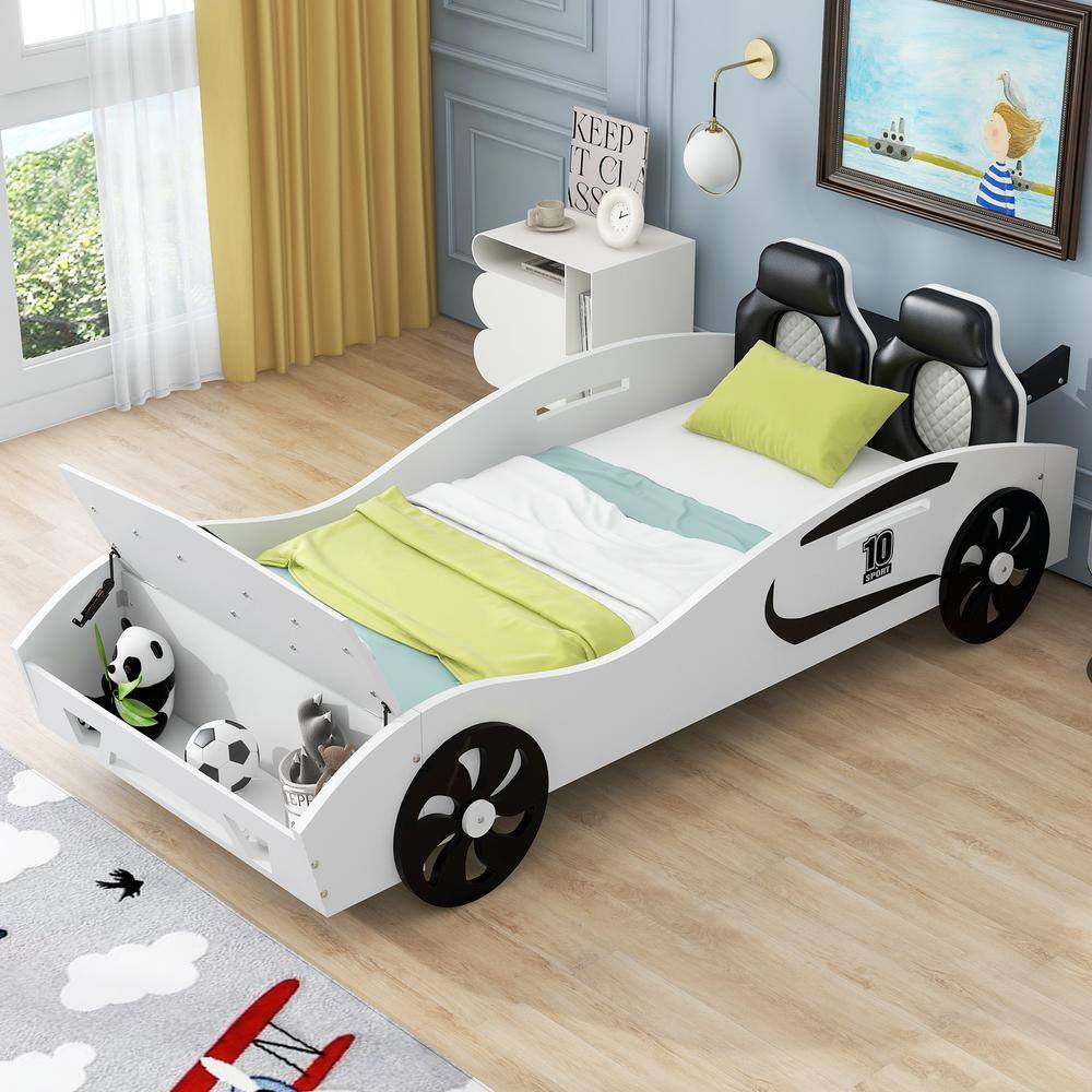 Harper & Bright Designs White Twin Size Race Car-Shaped Platform Bed ...
