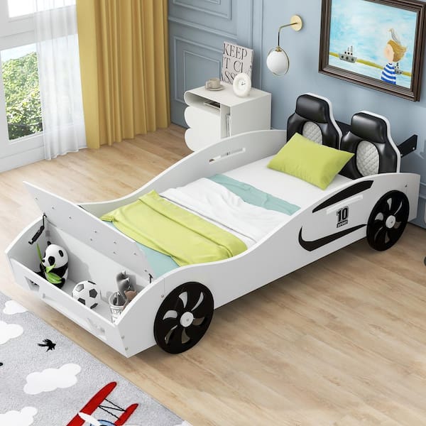 Harper & Bright Designs White Twin Size Race Car-Shaped Platform Bed ...