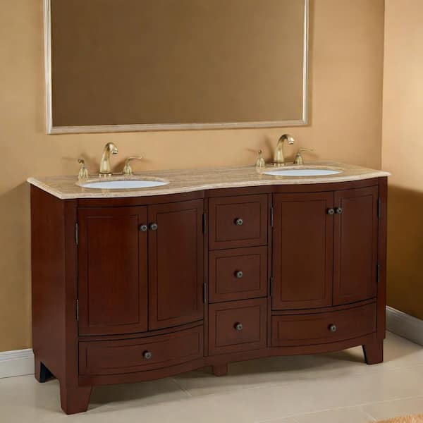 HBEZON 60 in. W Freestanding Double Sink Dark Cherry Bath Vanity with ...