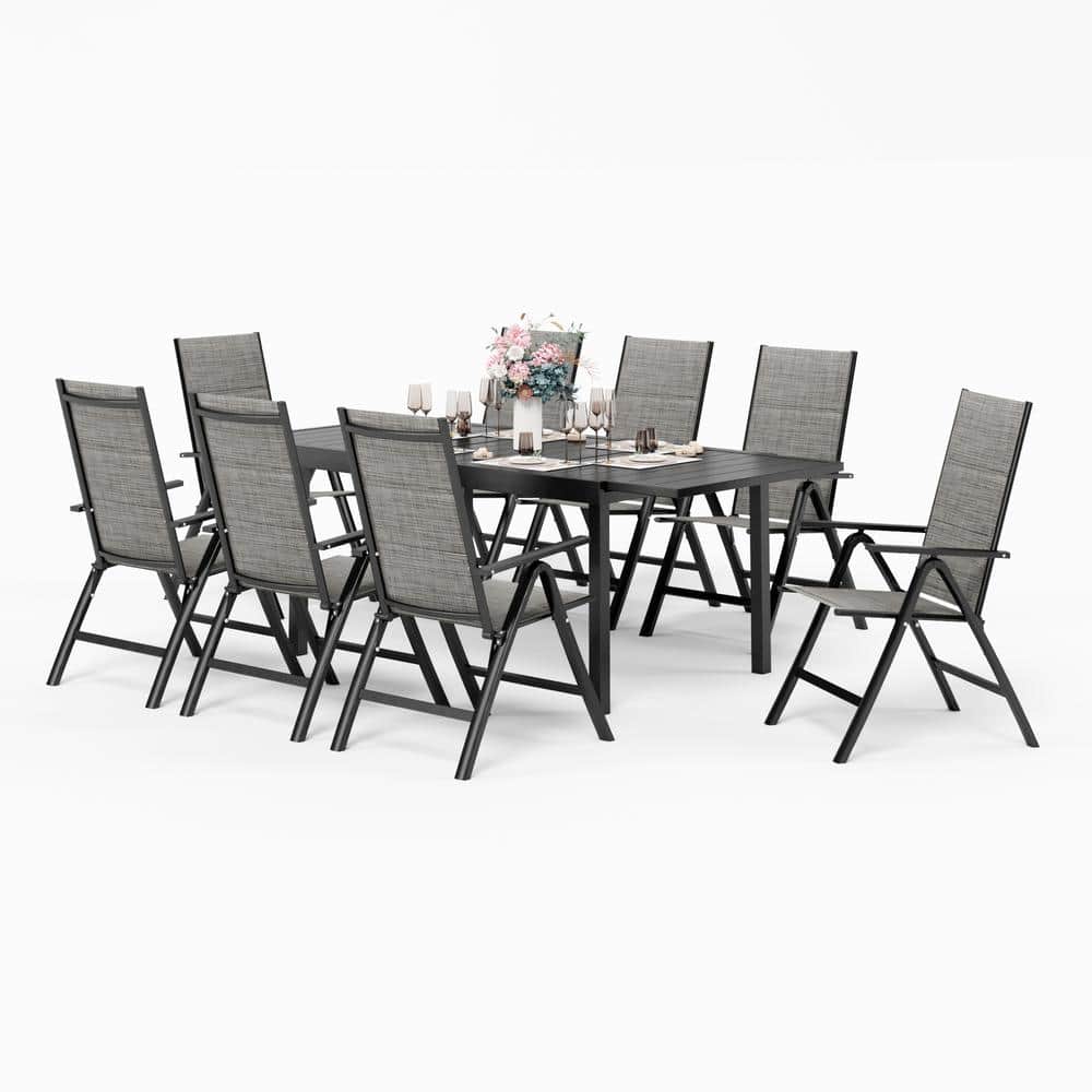 PHI VILLA 9-Piece Metal Patio Outdoor Dining Set with Rectangle ...