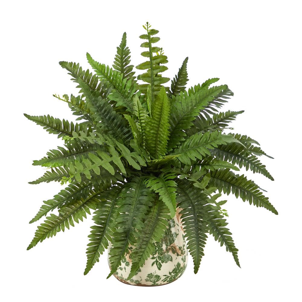 Nearly Natural 15 in. Artificial Green Boston Fern Plant with Tuscan ...