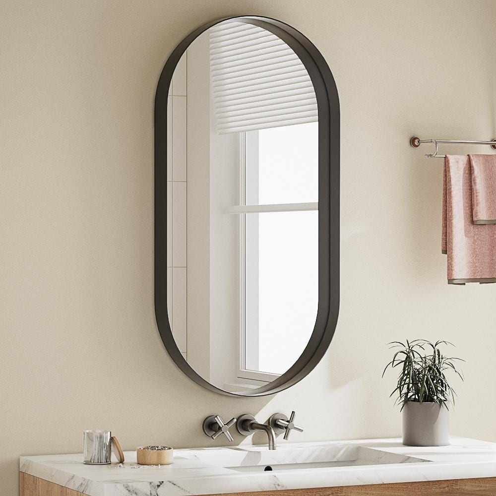 XRAMFY 20 in. W x 36 in. H Oval Modern Black Aluminum Alloy Deep Framed ...