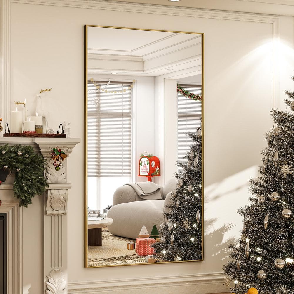 XRAMFY 34 in. W. x 76 in. H Rectangular Gold Aluminum Alloy Framed ...