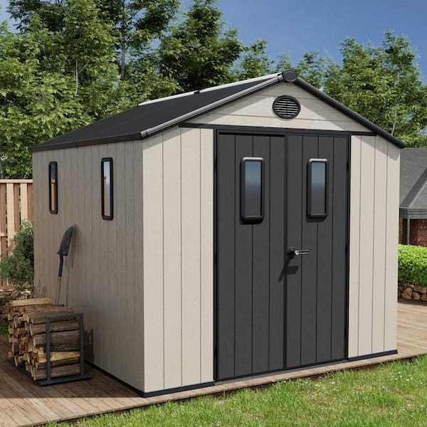 Esunny 8 ft. x 8 ft. Outdoor Resin Storage Shed with Floor and Sloped ...