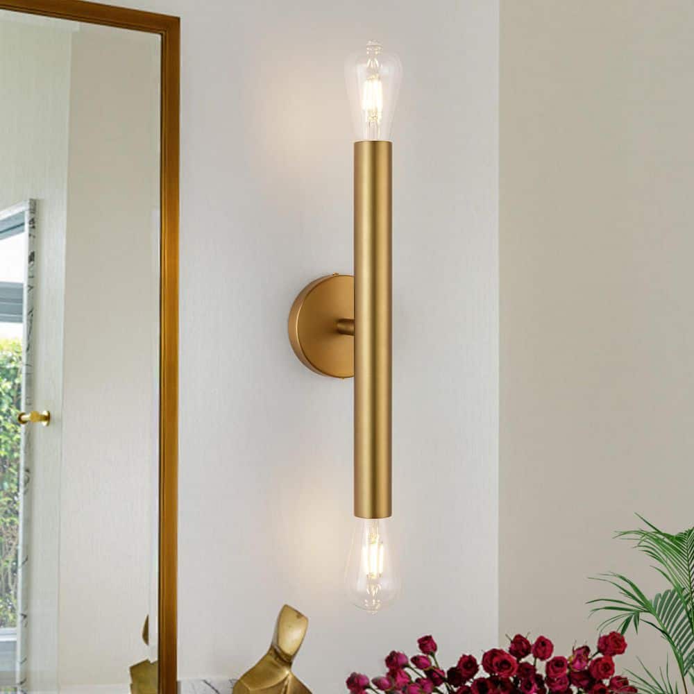 HUOKU William 2-Light 4.7 in. W Brushed Gold Linear Tube Vanity Light B ...
