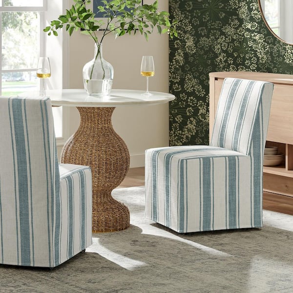 MODWAY Tessera Striped Slipcovered Dining Side Chair in Blue Stripe EEI ...