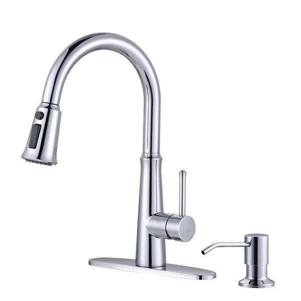 WOWOW Single Handle Pull Down Sprayer Kitchen Faucet with Soap Dispenser in Chrome 2310700C-S ...