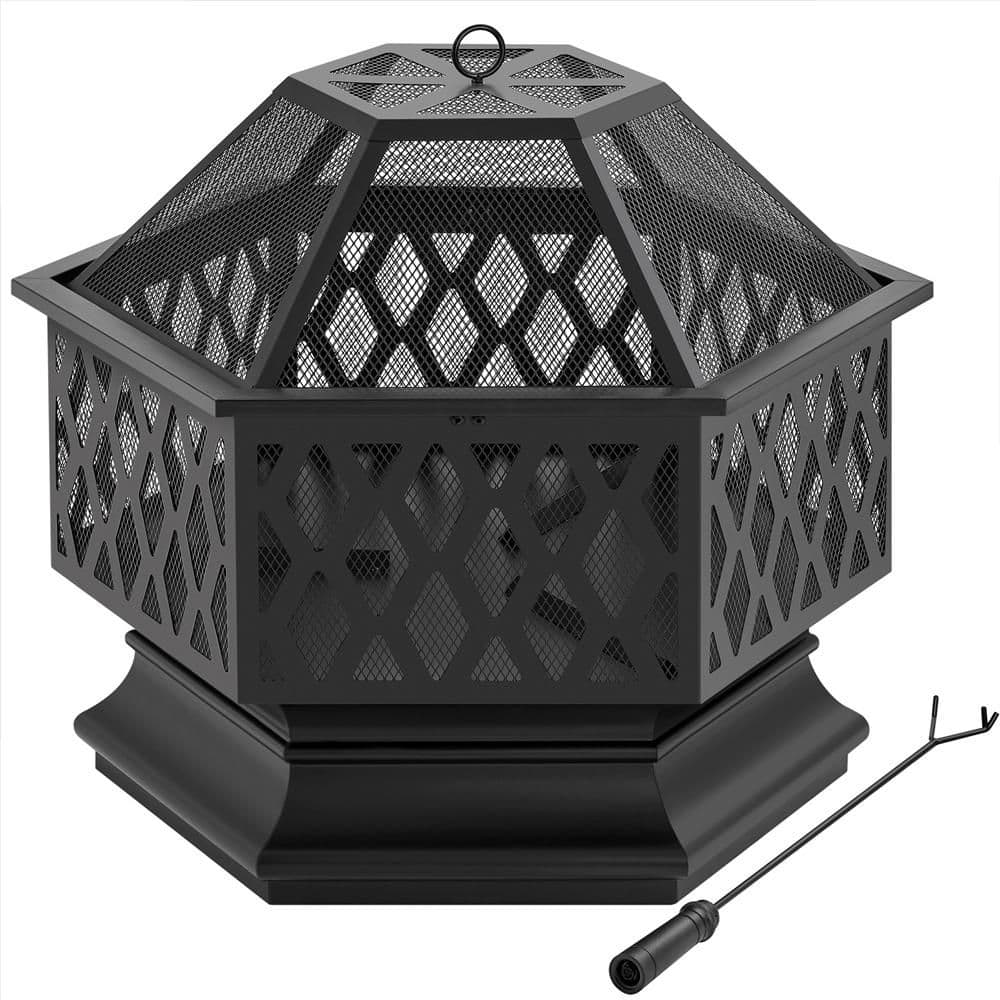 Yaheetech Steel Fire Pit Hex-Shaped Wood Burning Outdoor Fireplace with Spark Screen and Fire ...
