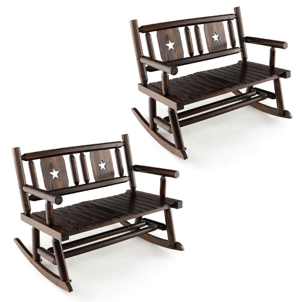 Gymax 2PCS Carbonized Wood Outdoor Rocking Chair Double Rocking Chair ...