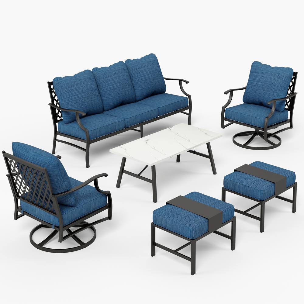 PHI VILLA Black Meshed 7-Seat 6-Piece Metal Outdoor Patio Conversation ...