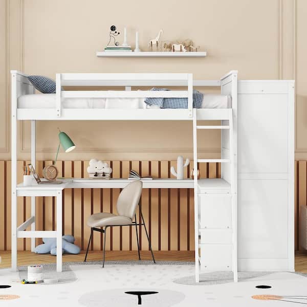 Harper & Bright Designs White Full Size Wood Loft Bed with Desk, Shelves, Ladder and Wardrobe ...