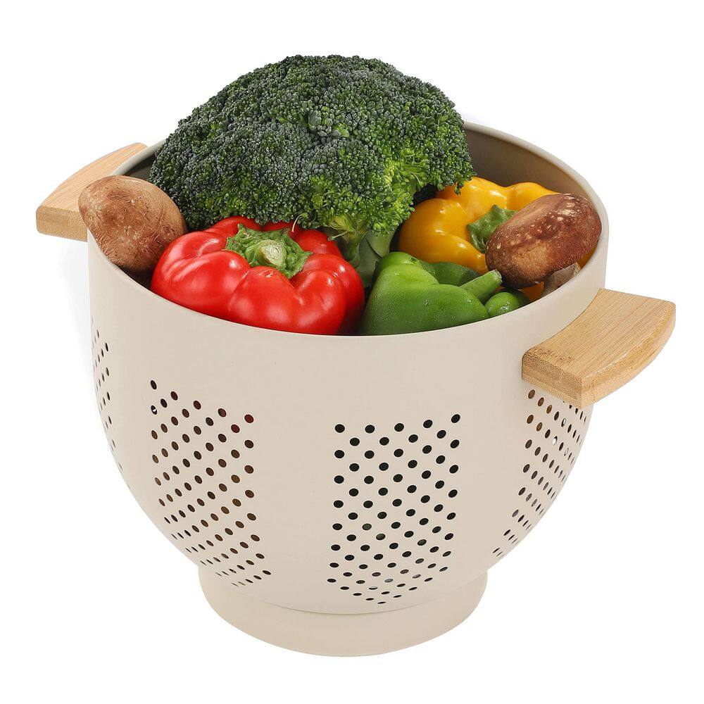 Wudkey 5.5 qt. Yellow Metal Colander with Wood Handle and Stable Base ...