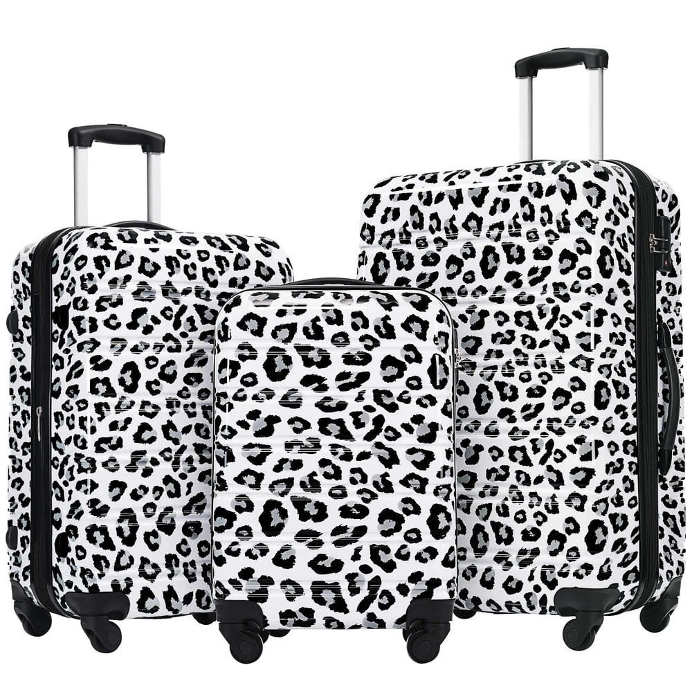 Polibi 3-Piece White plus Black Leopard Hardshell Luggage Set with TSA ...