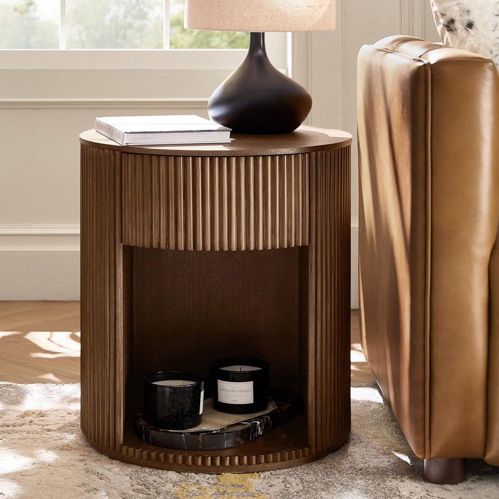 JAYDEN CREATION Falko 19.75 in. Walnut Round Wood End Table with Fluted ...