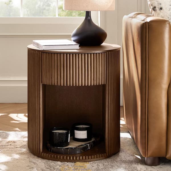 JAYDEN CREATION Falko 19.75 in. Walnut Round Wood End Table with Fluted ...