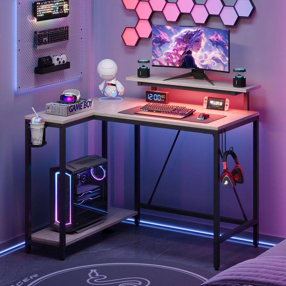 PINMOCO 42 in. L-Shaped Wash Walnut Reversible Gaming Desk LED Computer ...