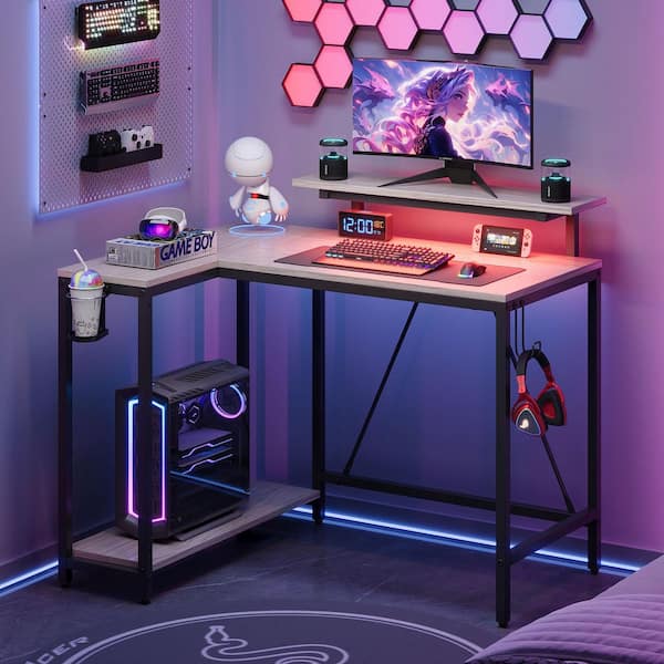 PINMOCO 42 in. L-Shaped Wash Walnut Reversible Gaming Desk LED Computer ...