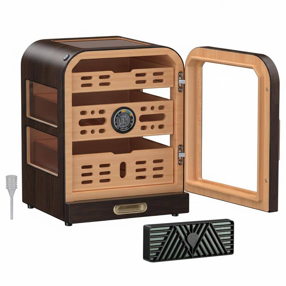 15.75 in. W x 2 in. H Cedar Wood Cigar Humidor with 3 Side Windows, LED ...