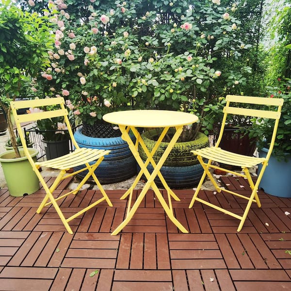 3-Piece Patio Bistro Set of Foldable Round Table and Chairs, Yellow ...