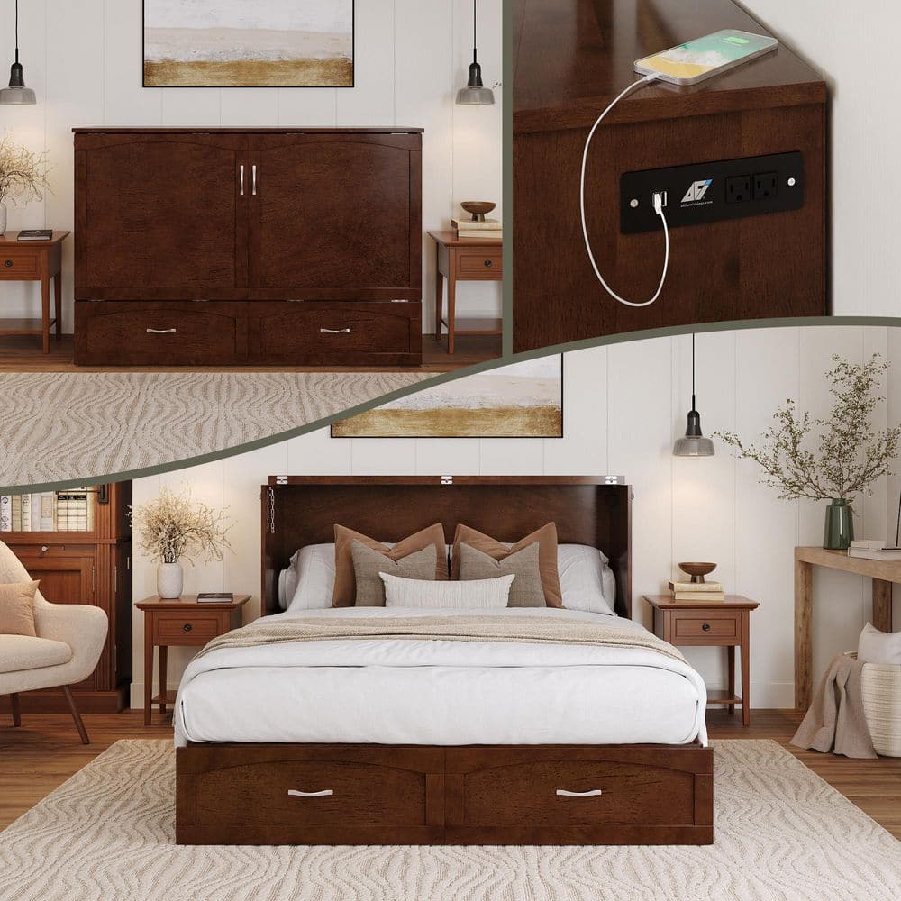 AFI Marion Walnut Brown Wood Frame Queen Murphy Bed Chest with 6 in ...