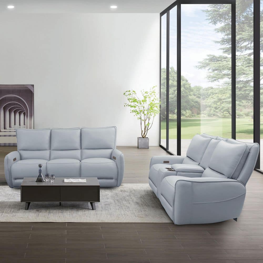Furniture of America Elvera 2-Piece Pale Blue Leather Living Room Set ...