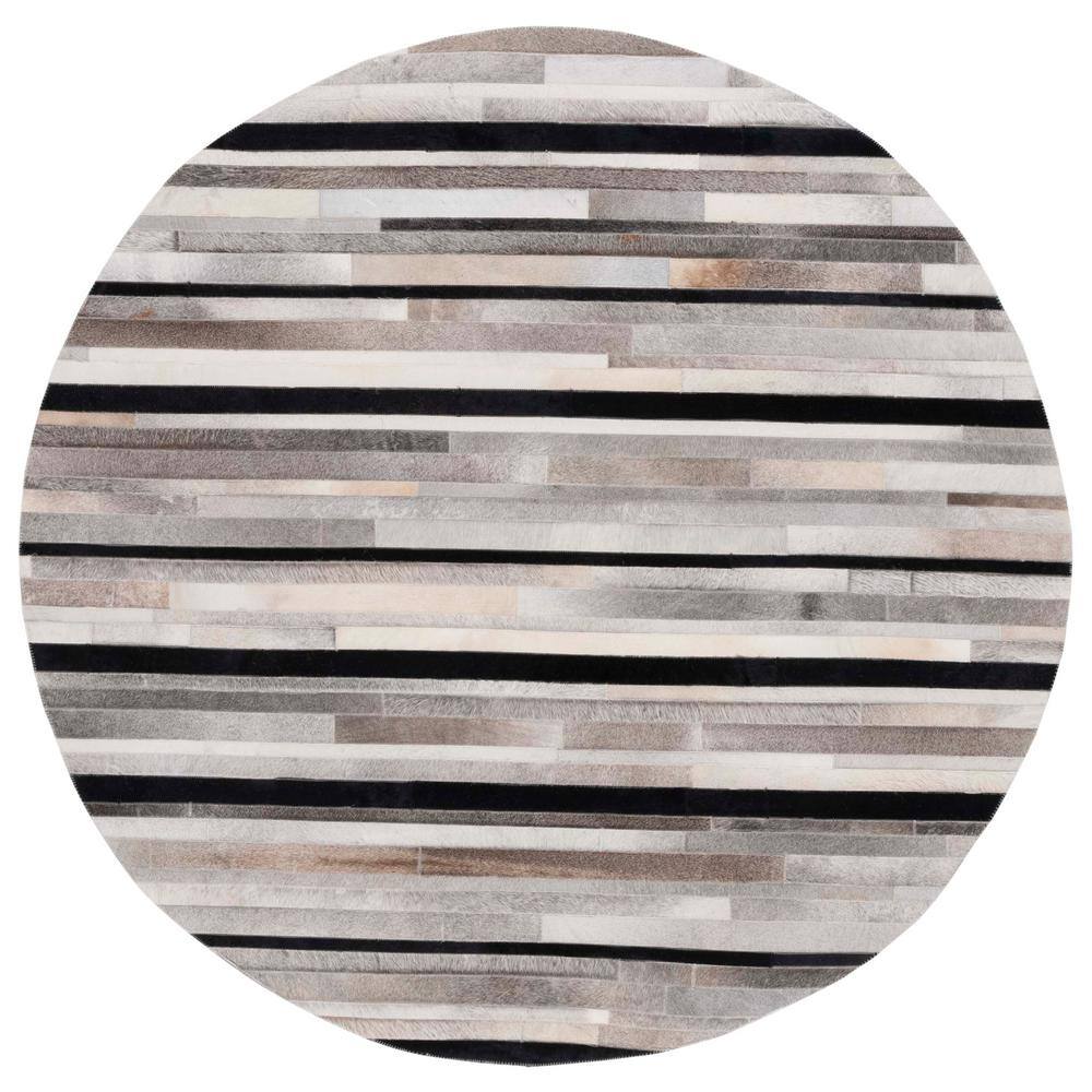 SAFAVIEH Studio Leather Ivory Black 6 ft. x 6 ft. Striped Round Area ...