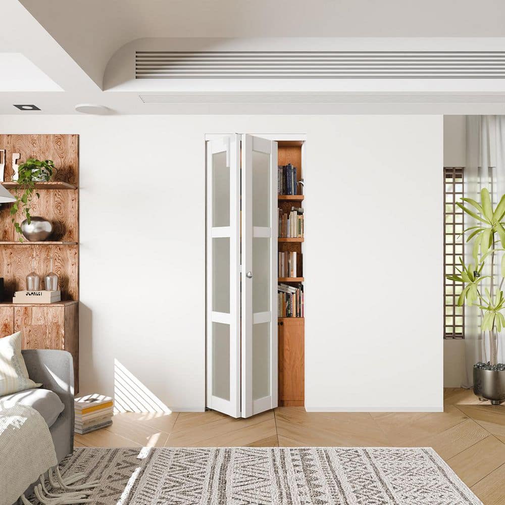 TENONER 32 in. x 80 in. 3-Panel Frosted Glass Solid Core White PVC ...