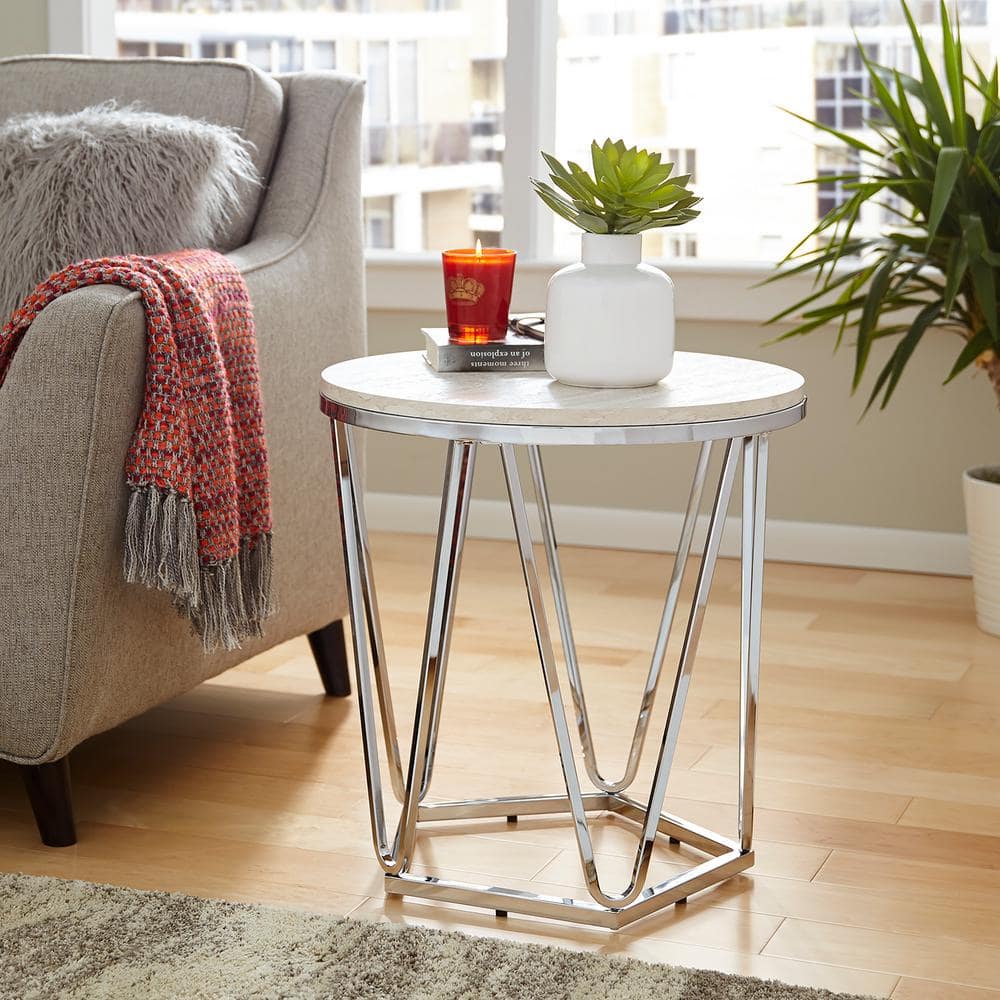 Southern Enterprises Ensla Silver Faux Stone Round Side Table HD530994 ...