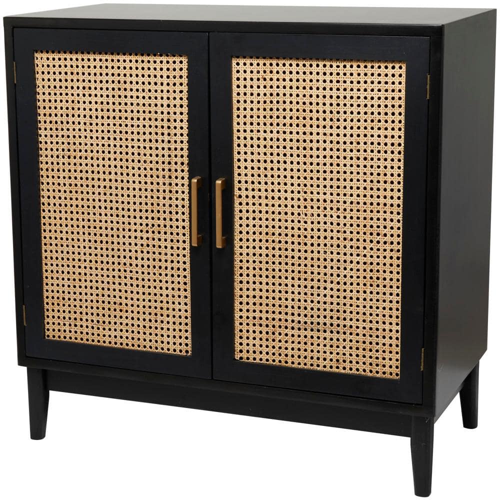 Litton Lane Black Wood 1 Shelf and 2 Door Storage Cabinet with Cane ...