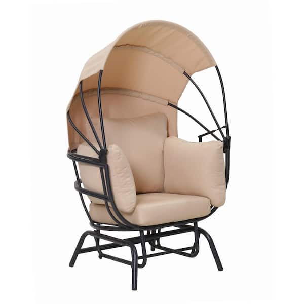 1-Person Black Metal Patio Egg Chair with Retractable Canopy with Taupe ...