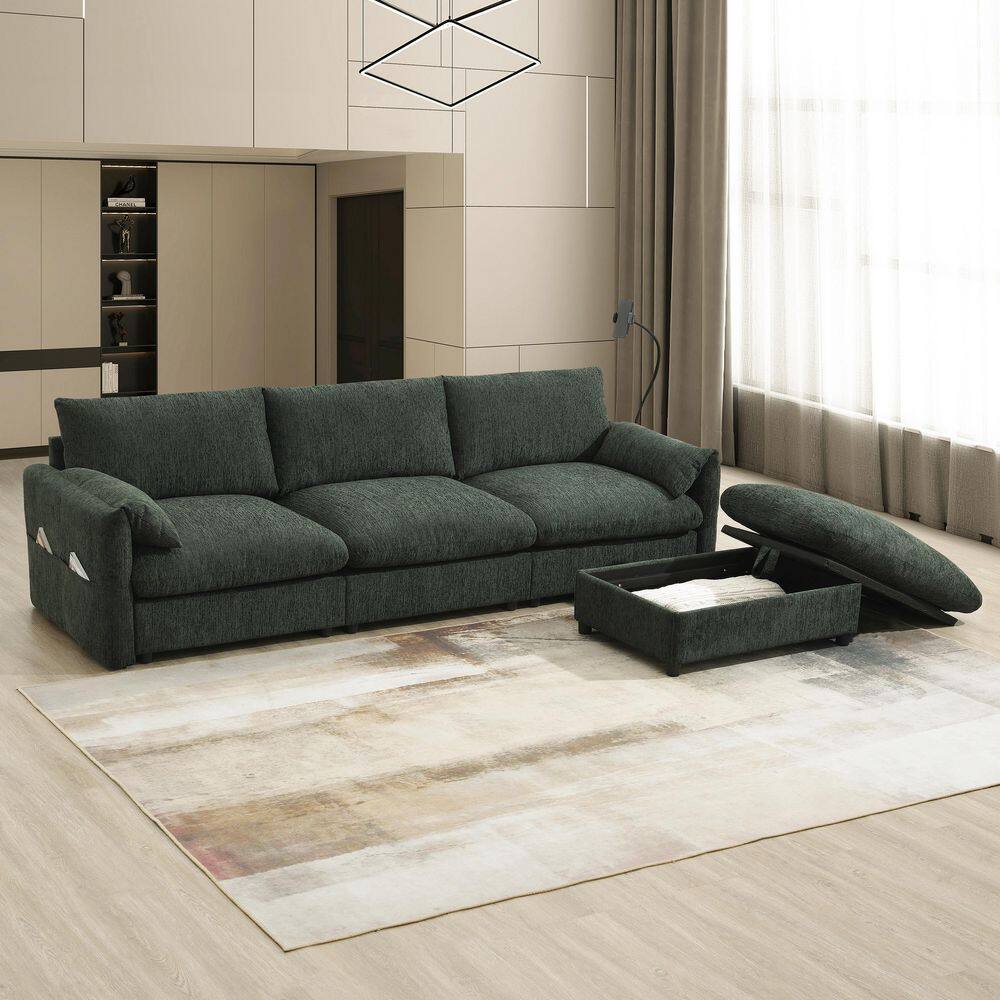 Nestfair 96.5 in. W Chenille Sectional Sofa in Green with Phone Holder ...