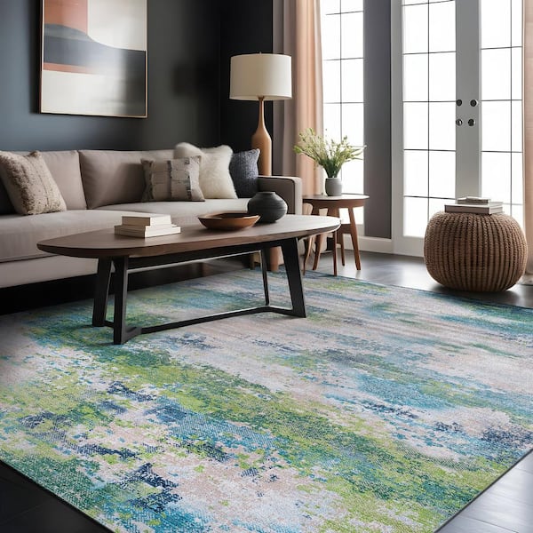 Beverly Rug Ocean Abstract Teal 8 ft. x 10 ft. Non Slip Rubber Back Indoor Area Rug BV QUE227 TEAL 8X10