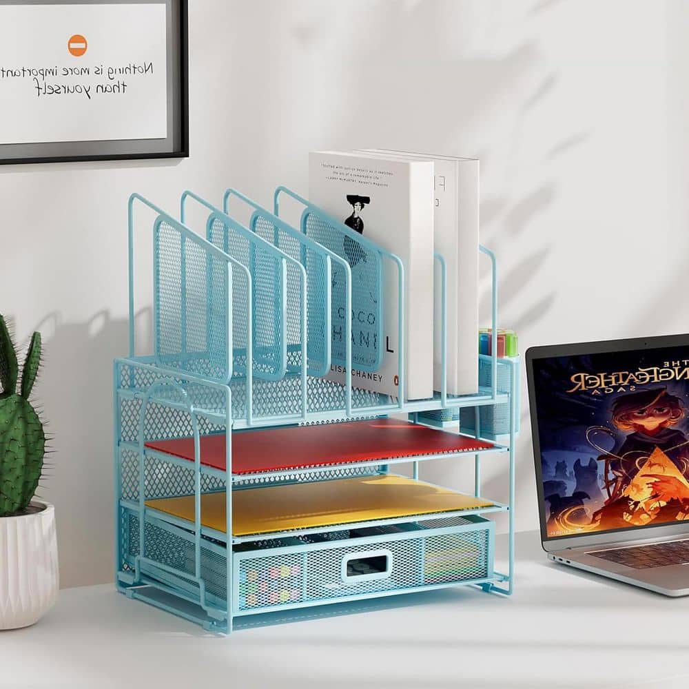 Blue 12.8 in. x 16 in. Metal Modern Desktop File Organizer with 5 ...