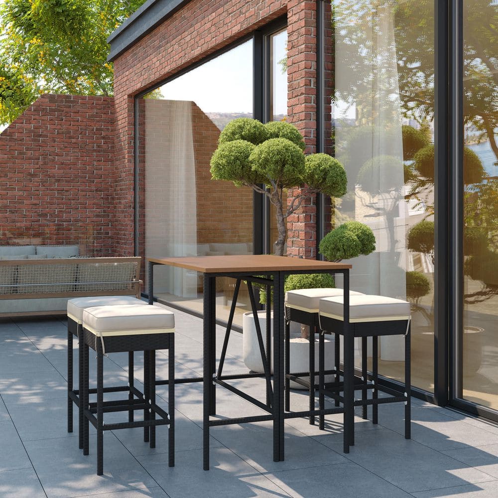 HomeAura Brown 5-Piece Acacia Wood Bar Height Outdoor Bistro Set with ...