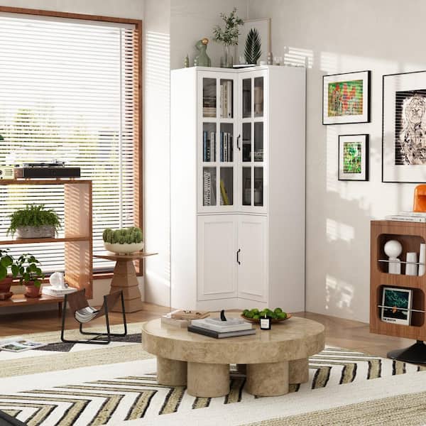 FUFU GAGA 78.9 in. Tall 5 Shelf White Wood Corner Standard Bookcase with Adjustable Shelves Tempered Glass Doors Cabinet KF020489 012 The Home Depot