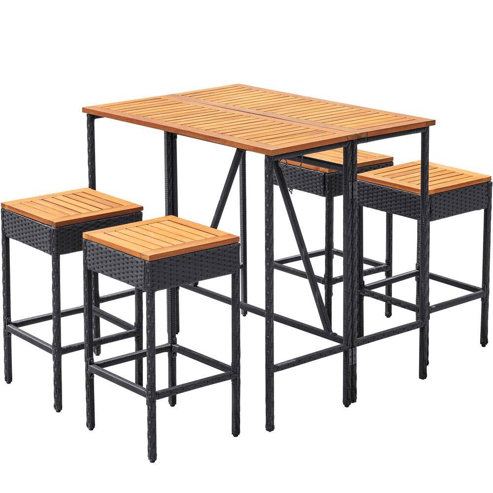 Tozey 5-Piece Acacia and Wicker Outdoor Serving Bar Set Foldable and ...