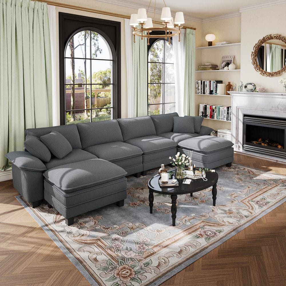 PHI VILLA 157.5 in. Flared Arm 6-Seat Corduroy Fabric Modular Sectional ...