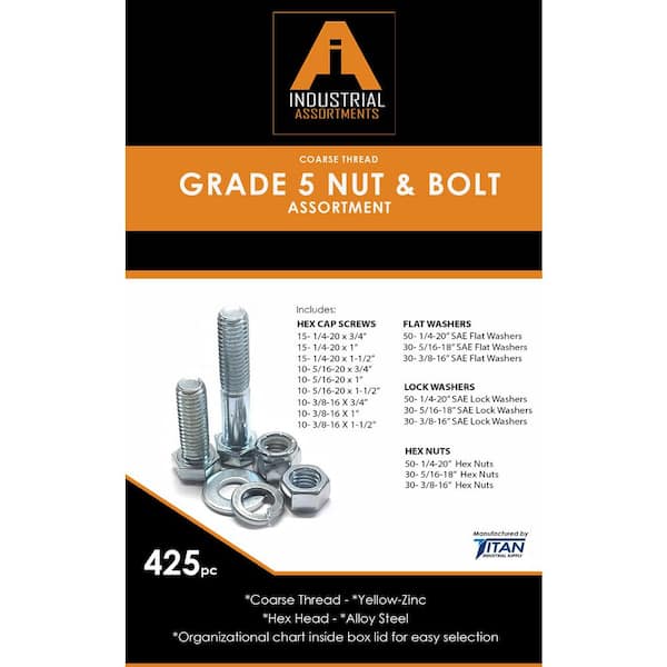 TITAN INDUSTRIAL SUPPLY 425 Piece Grade 5 Coarse Thread Nut and Bolt ...