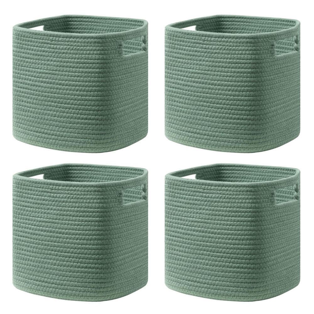 Green 13 in. x 13 in. Cotton Decorative Basket (Set of 4) with Handles ...