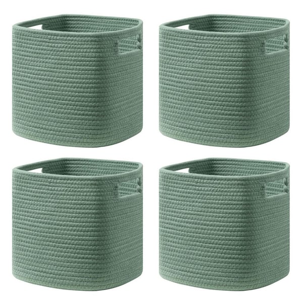 Green 13 in. x 13 in. Cotton Decorative Basket (Set of 4) with Handles ...