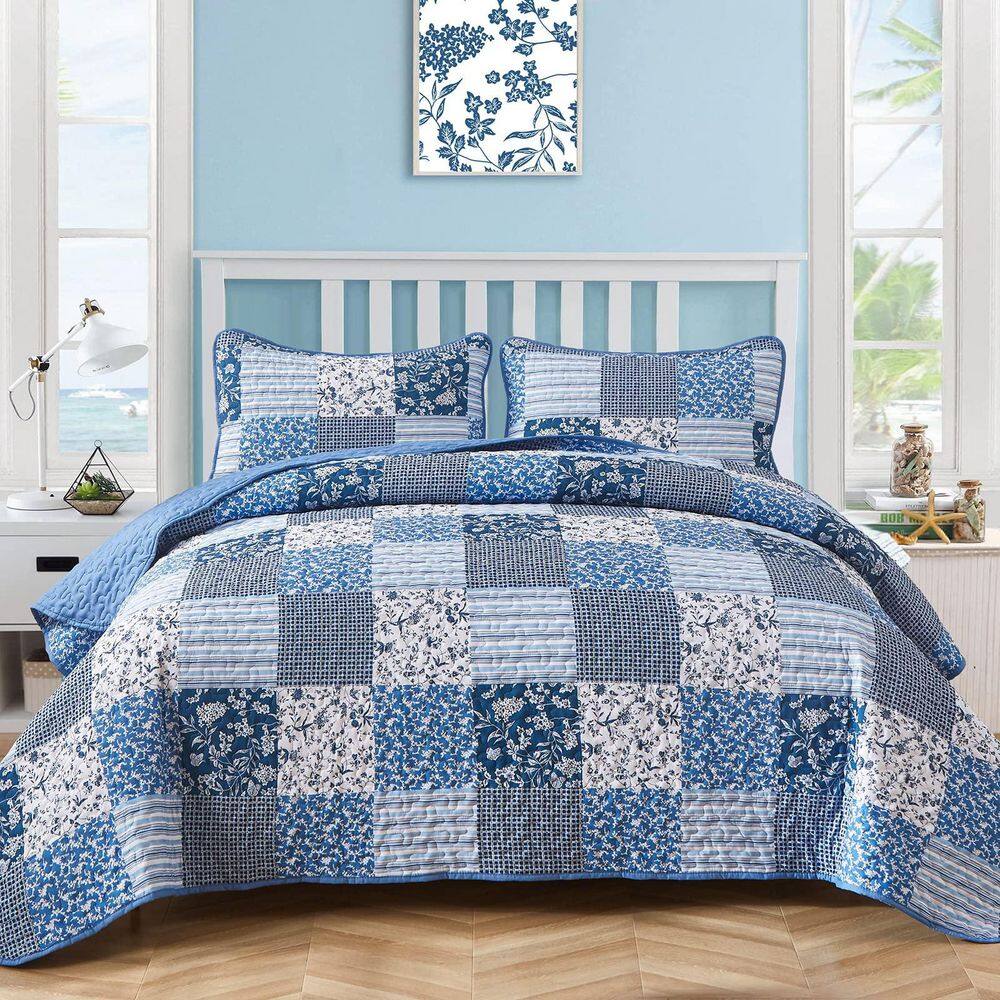 Angel Sar 3-Piece Blue Microfiber Plaid Floral Bedspread Coverlet Set ...