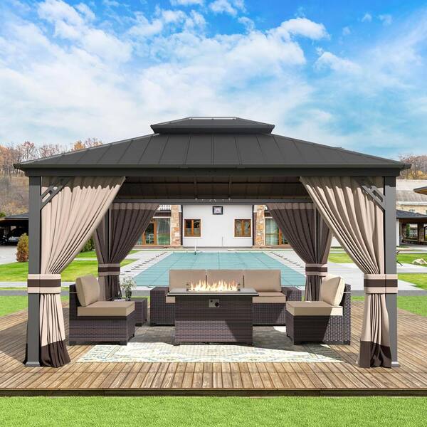 Halmuz 12 ft. x 14 ft. Gray Metal Hardtop Gazebo with Double Roof ...