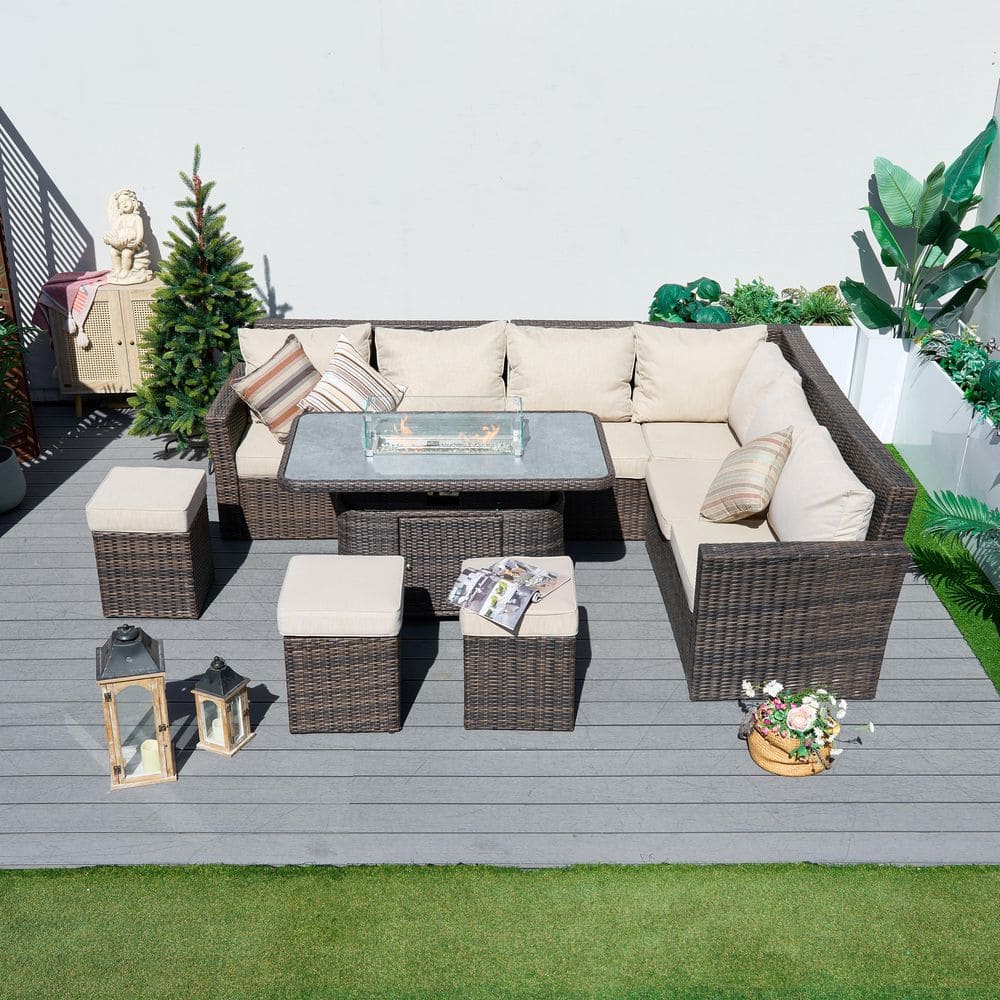 moda furnishings Maryam 9-Person Patio Outdoor Wicker Fire Pit Conversation Set with Beige ...