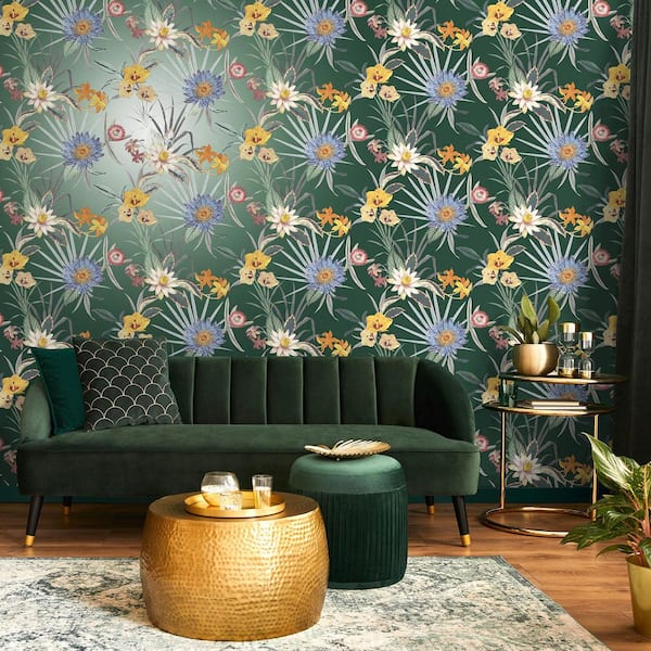 Fine Decor Calista Dark Green Tropical Floral Wallpaper Sample ...