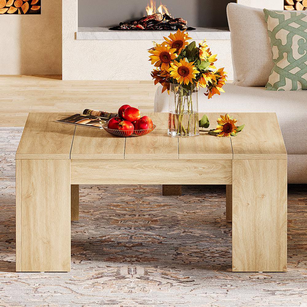 BYBLIGHT Kerlin 38.8 in. Light Oak Square Wood Coffee Table with Sturdy ...