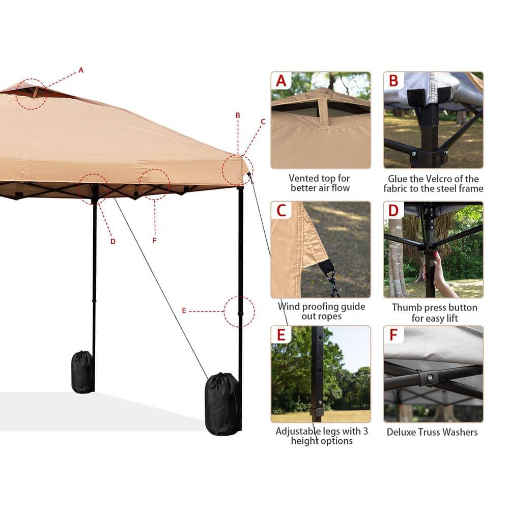 10 ft. x 10 ft. Khaki Pop Up Canopy Tent Waterproof Outdoor Shade with ...