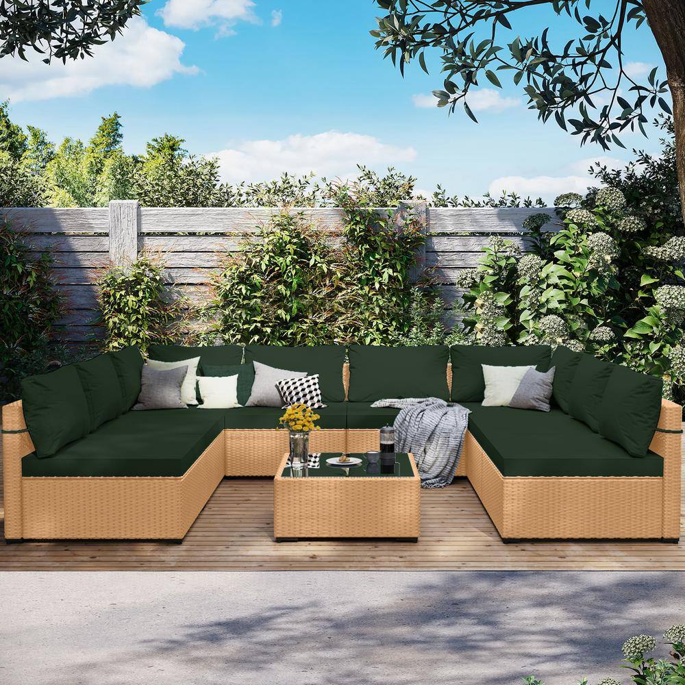 UPHA Yellow 9-Piece Wicker Patio Conversation Sofa Set with Dark Green ...