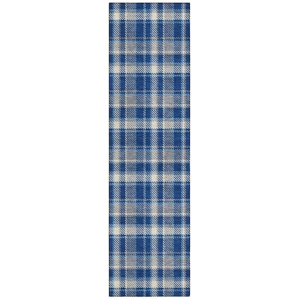HomeRoots Navy and Ivory 2 ft. x 8 ft. Woven Plaid Runner Indoor ...