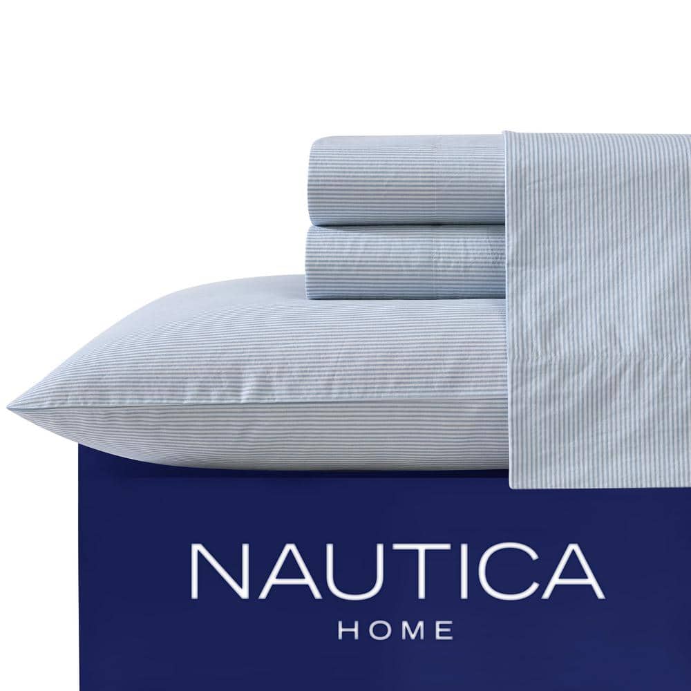 Nautica Penny Pinstripe 4-Piece Light Blue Cotton Queen Sheet Set ...